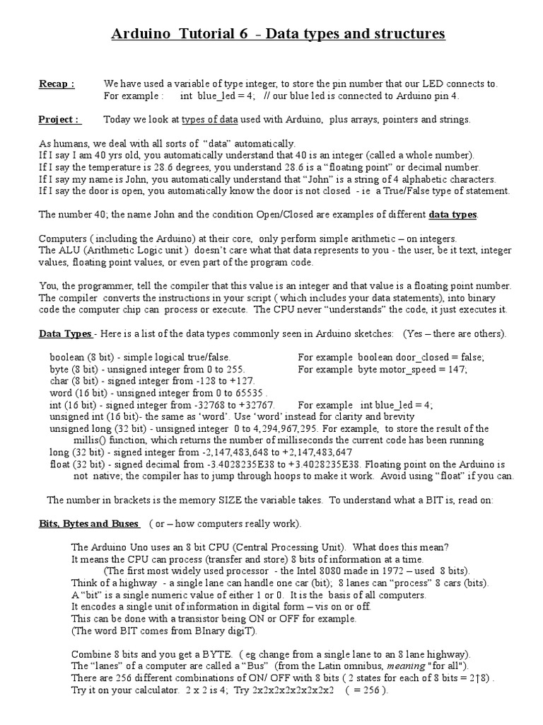 Arduino Tutorial 6 Data Types And Structures Pdf Data Type Bit