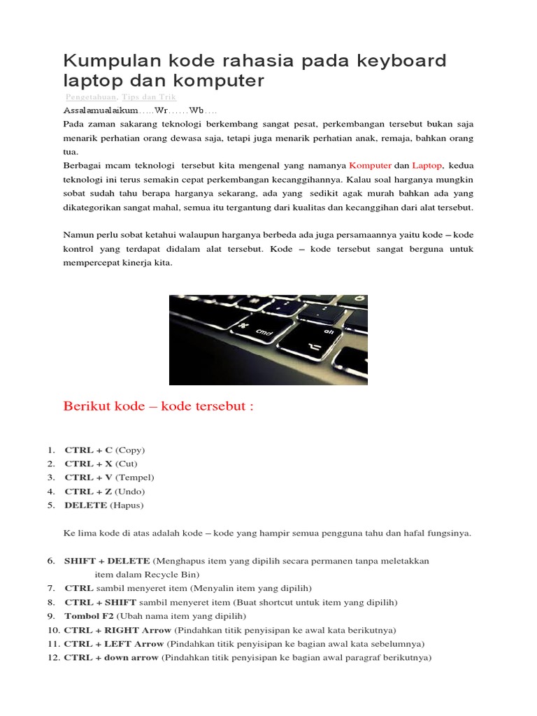 Kumpulan Kode Rahasia Pada Keyboard Laptop Dan Komputer | PDF