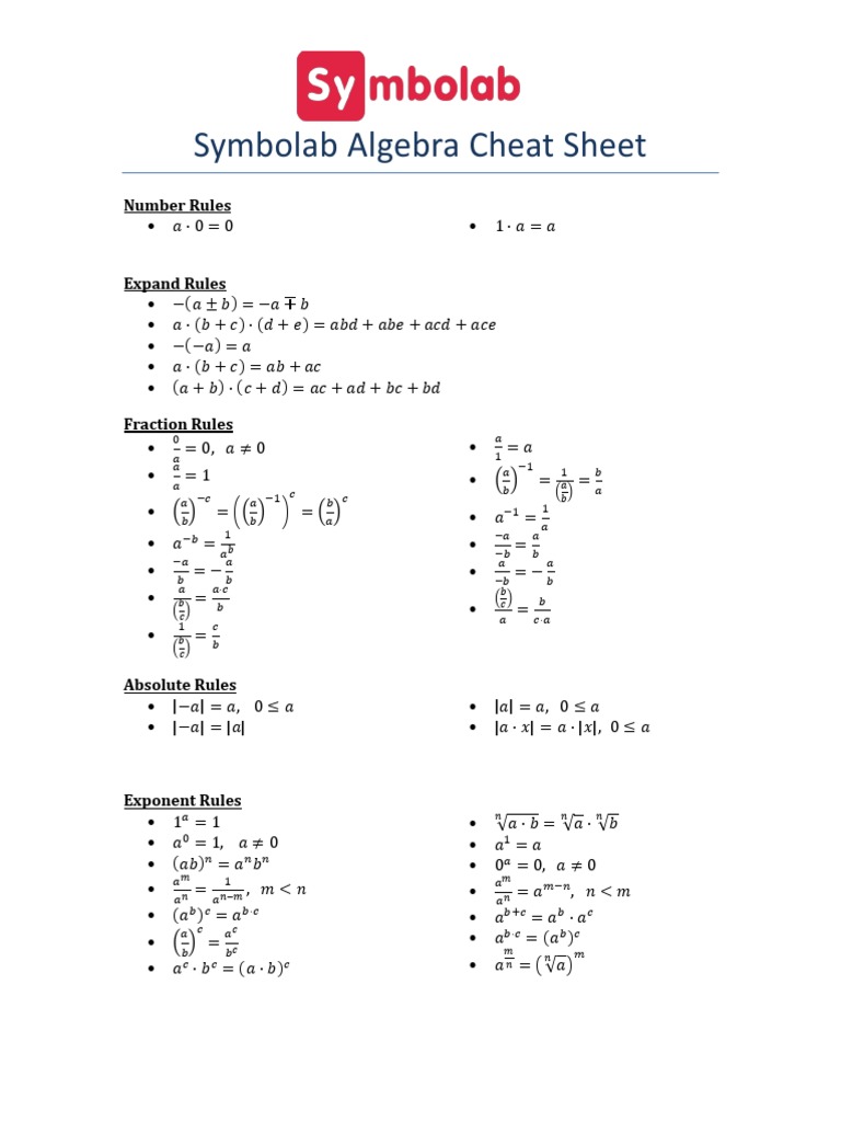 Symbolab Algebra Cheat Sheet: Number Rules | Pdf | Algebra | Abstract 