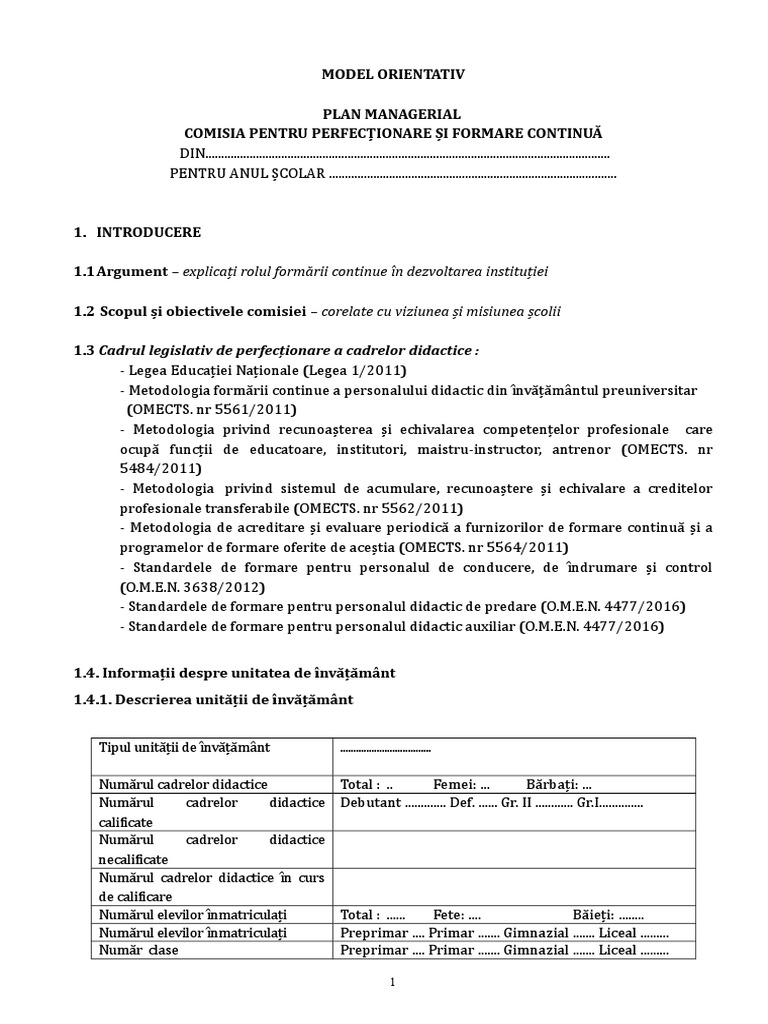 3 - Model Plan Managerial Comisie | PDF