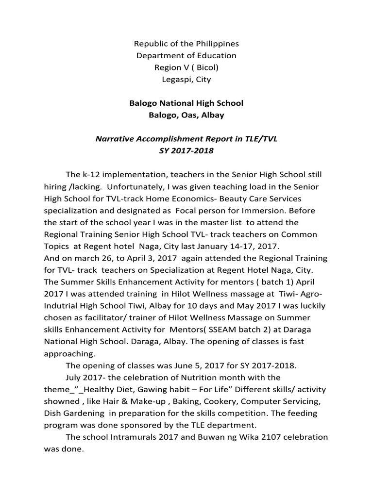 Narrative Accomplishment Report | PDF | Change | Behavior Modification