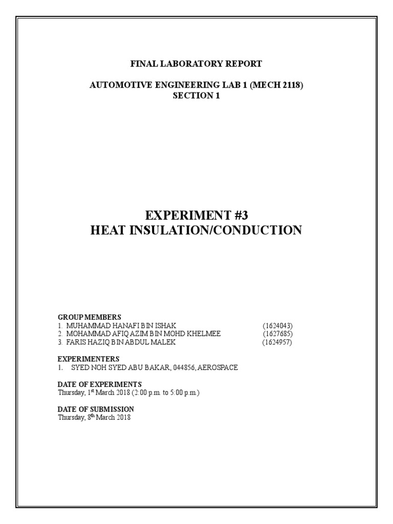 Experiment #3 Heat Insulation/Conduction: Final Laboratory Report ...