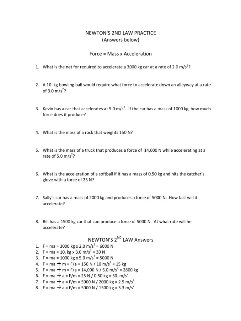 Newton'S 2Nd Law Practice (Answers Below) Force Mass X Acceleration | PDF