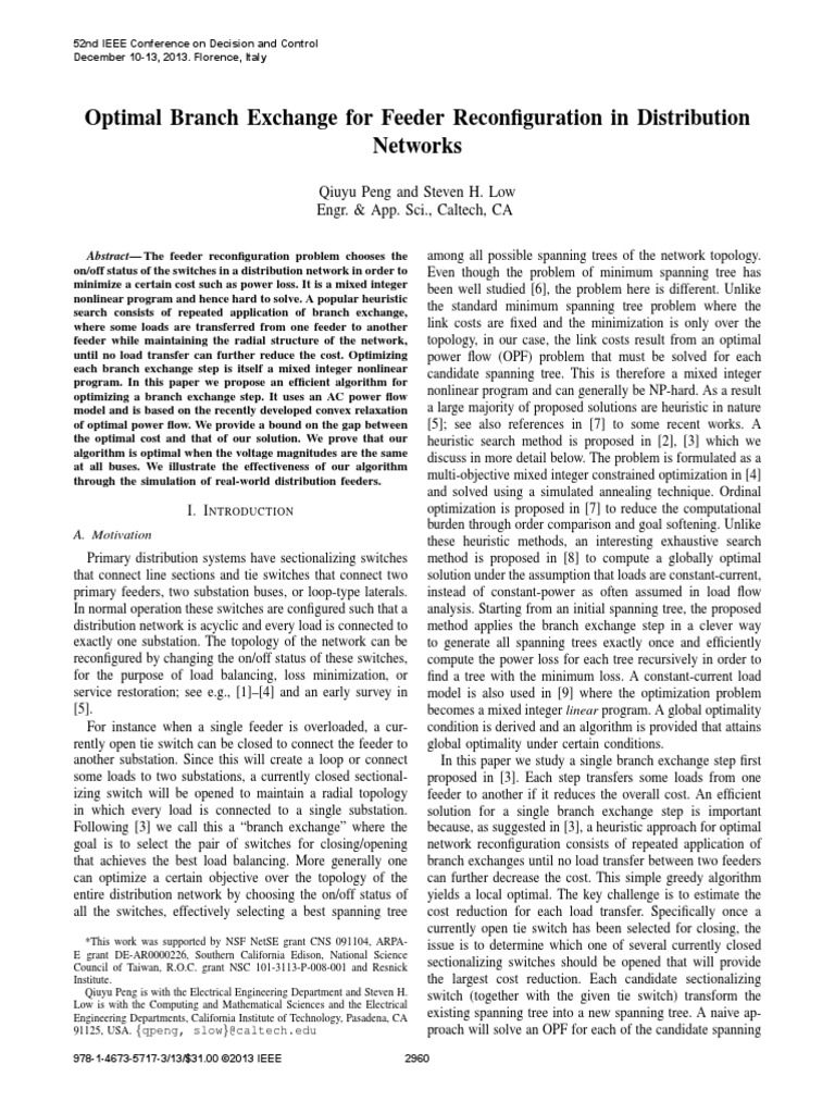 Optimal Branch Exchange For Feeder Reconfiguration in Distribution Networks | PDF | Mathematical ...
