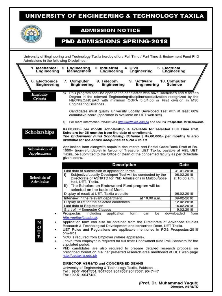UET Taxila PhD Admissions Spring 2018 | PDF | Doctor Of Philosophy ...
