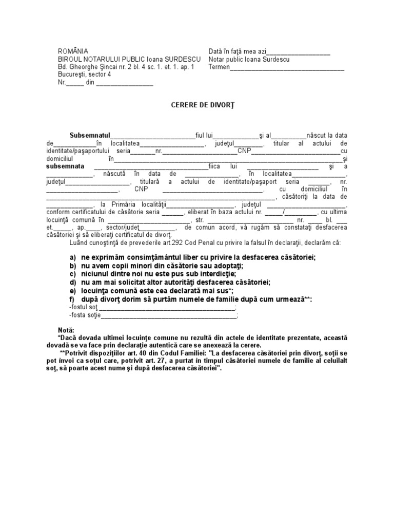 Cerere Divort MODEL | PDF