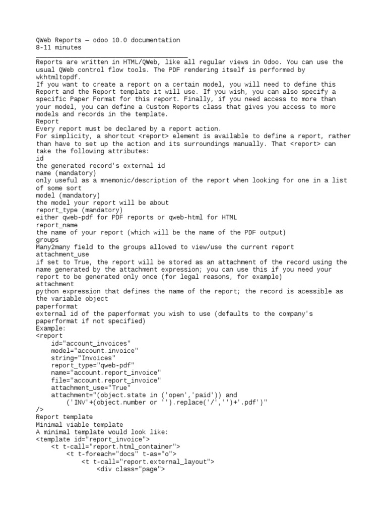 Qweb Reports Odoo 10 0 Documentation Pdf Portable Document Format Html
