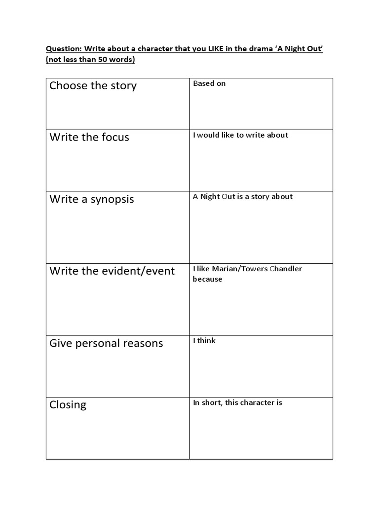 Choose The Story: Question: Write About A Character That You LIKE in ...