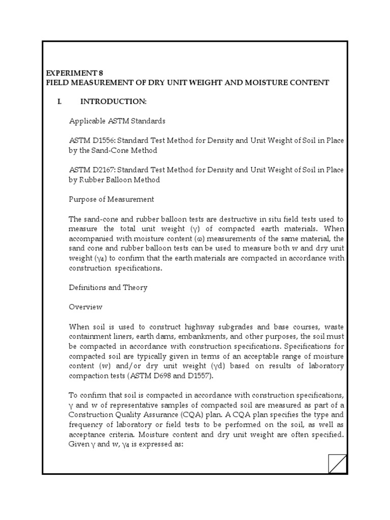 EXPERIMENT 8 Field Density of Soil Using Sand Cone Method 3.4.2018 ...