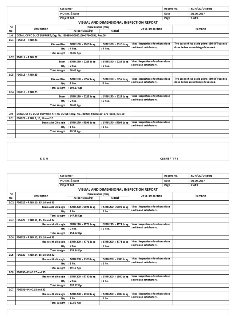 Visual and Dimensional Insp Report FORMAT | PDF | Physical Quantities ...
