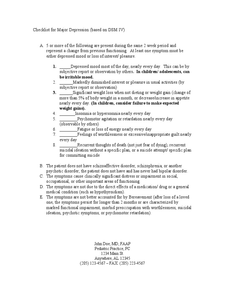 Major Depression Checklist DSM IV | PDF