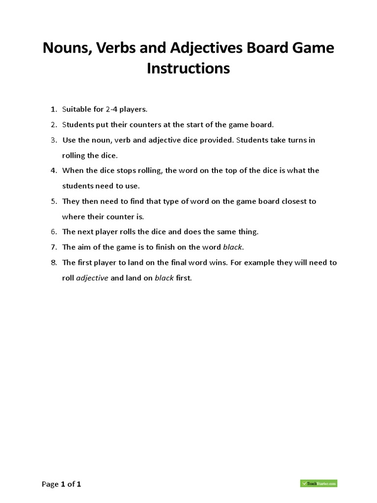Nouns, Verbs and Adjectives Board Game Instructions | PDF | Syntax ...