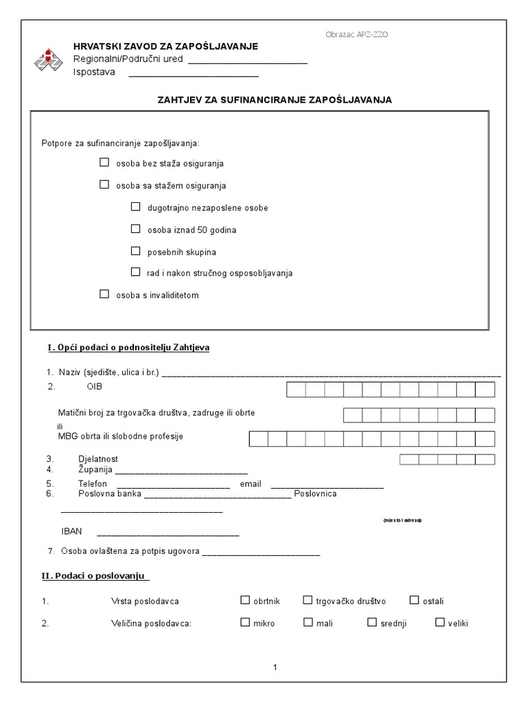 01 Obrazac Zahtjev Za Potpore Za Zaposljavanje | PDF