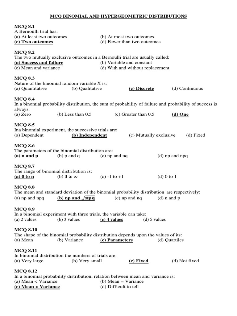 MCQ Binomial and Hypergeometric Probability Distribution With Correct ...