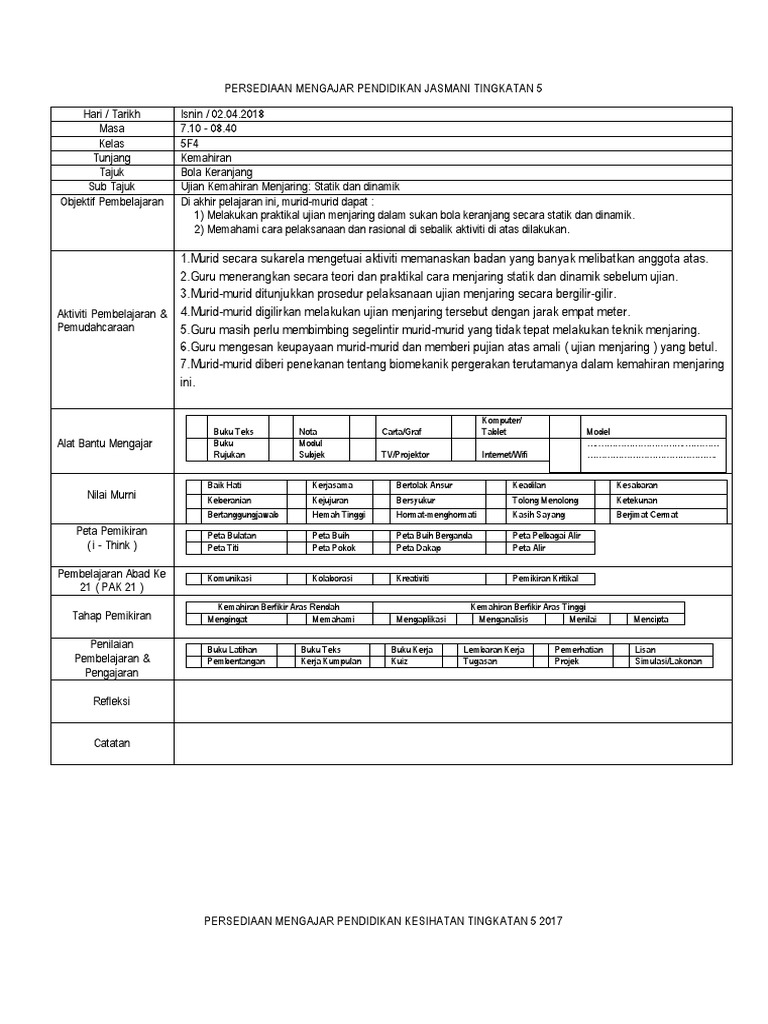 Contoh RPH Terkini PJK 2018 Tingkatan 3-5 | PDF