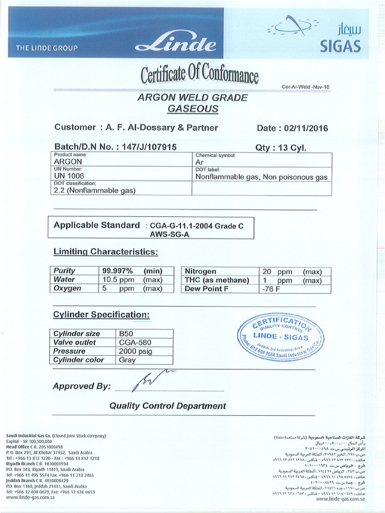 Certificate For Argon Cylinder | PDF