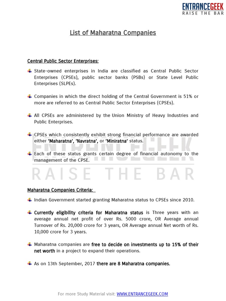 List of Maharatna Companies PDF Download by EntranceGeek | Download ...