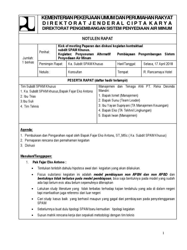 01 Notulen Kick of Meeting 17 April 2018 Revisi | PDF