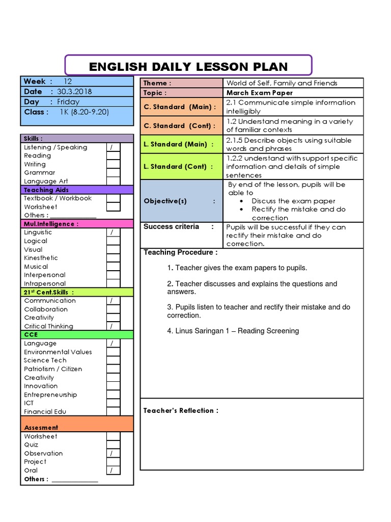 English Daily Lesson Plan: Week: 12 Date: 30.3.2018 Day: Friday Class ...