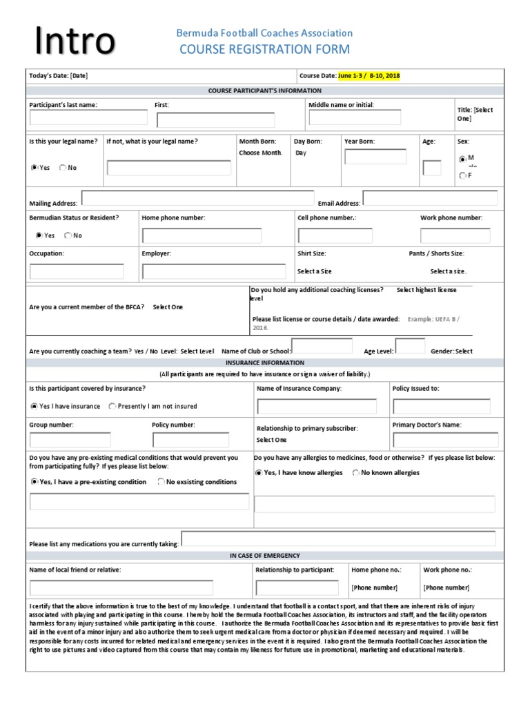 BFCA Intro To Coaching Registration Form | PDF | Pre Existing Condition ...