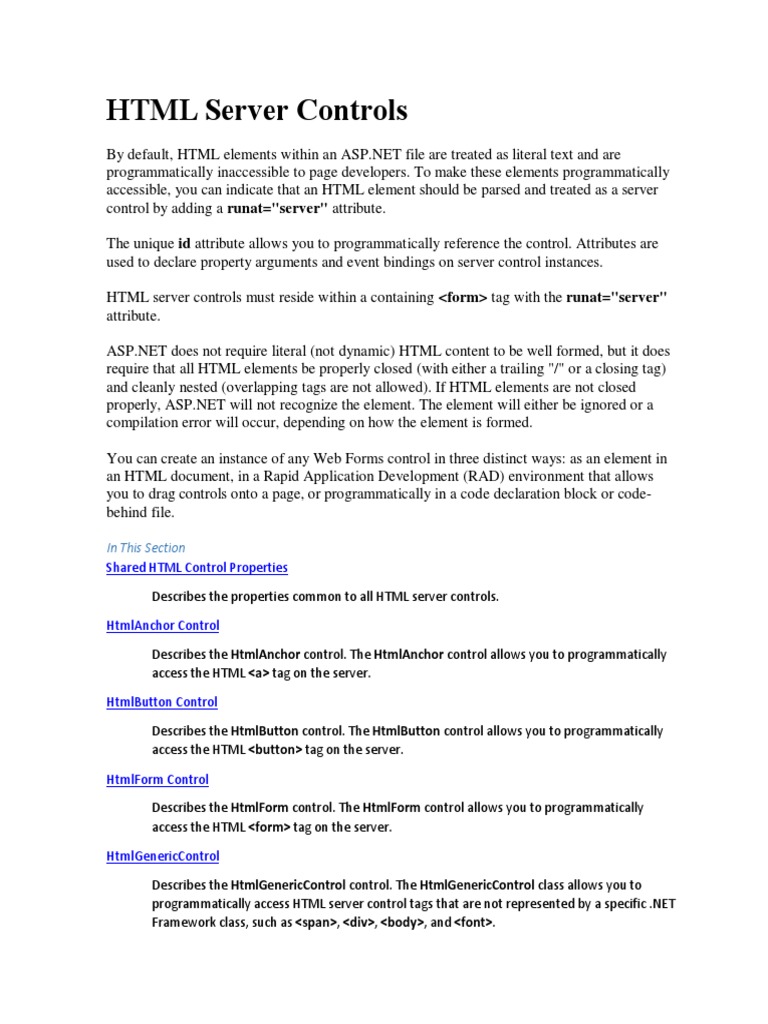 HTML Server Controls | PDF | Html Element | Dynamic Web Page
