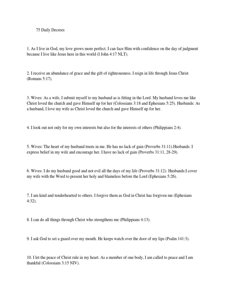 75 Daily Decrees | PDF | God In Christianity | Epistle To The Ephesians