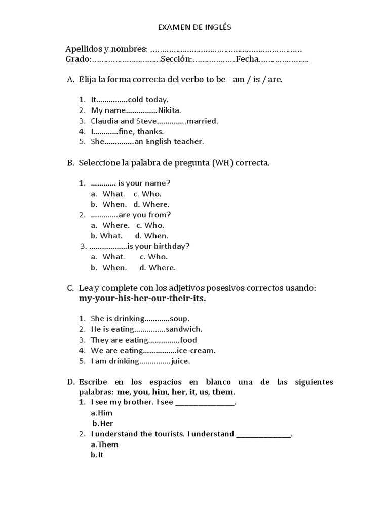 Examen de Inglés Básico para Niños | PDF