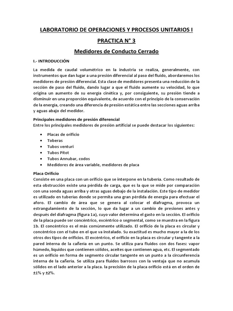 Practica 3 - Medidores de Flujo Cerrado | PDF | Presión | Tubería ...