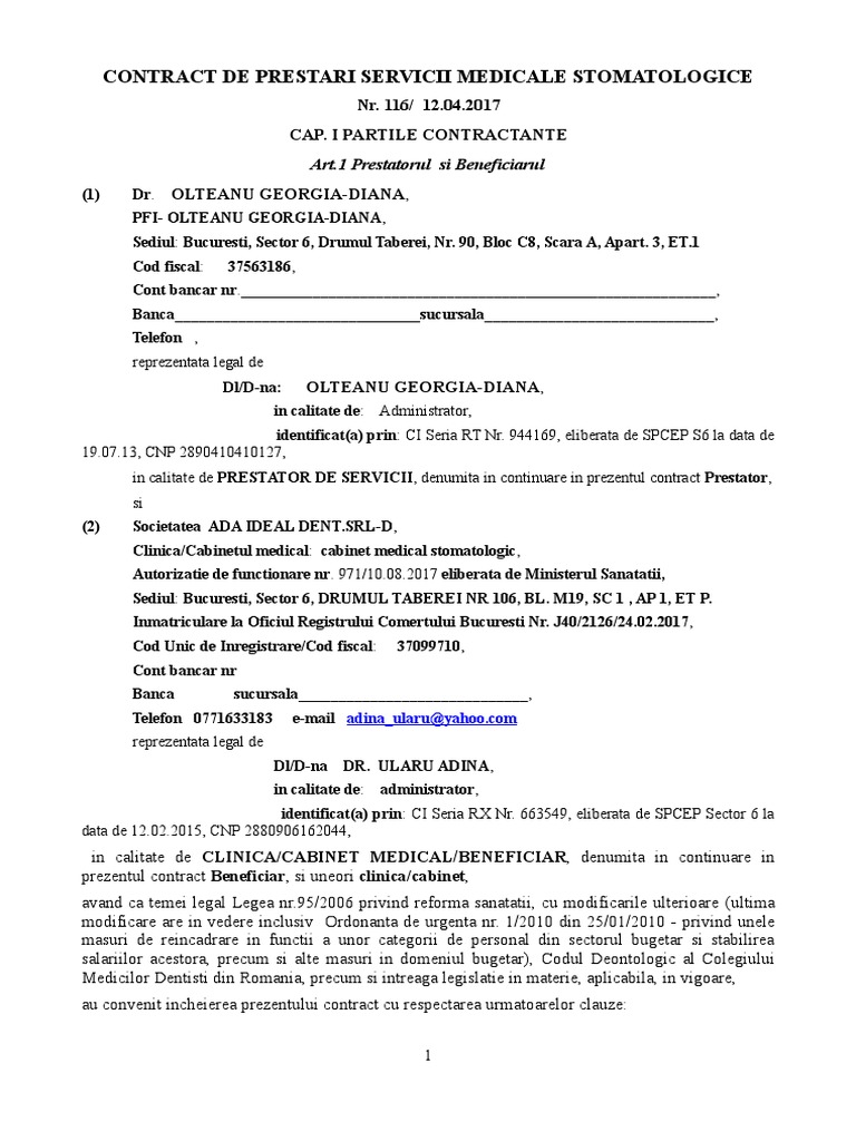 Contract de Prestari Servicii - Medicale Stomatologice (Intre PCON168 | PDF