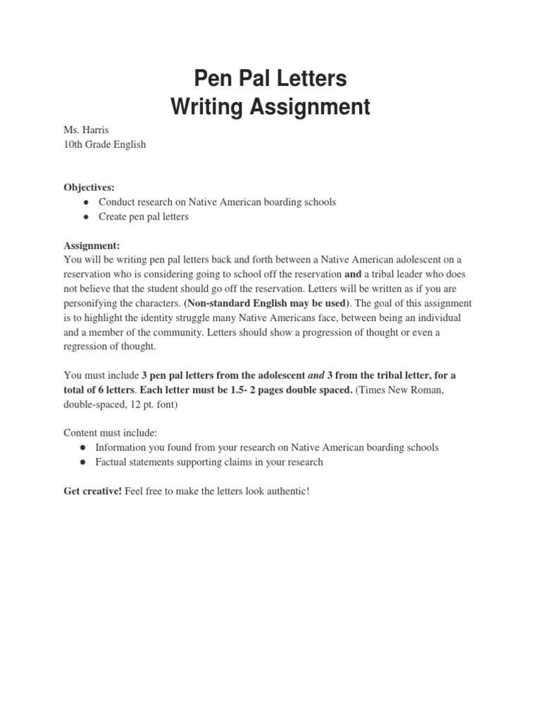 Pen Pal Letters Writing Assignment: Objectives | PDF | Educational ...