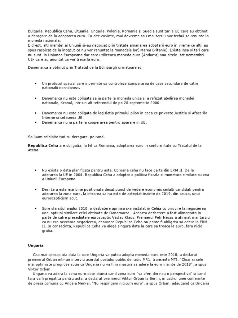 Republica Ceha Are Obligatia, La Fel Ca Romania, Adoptarea Euro in ...