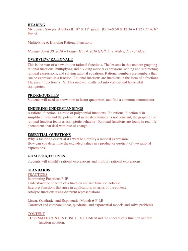 Rational Functions Lesson Plan | PDF | Fraction (Mathematics) | Factorization