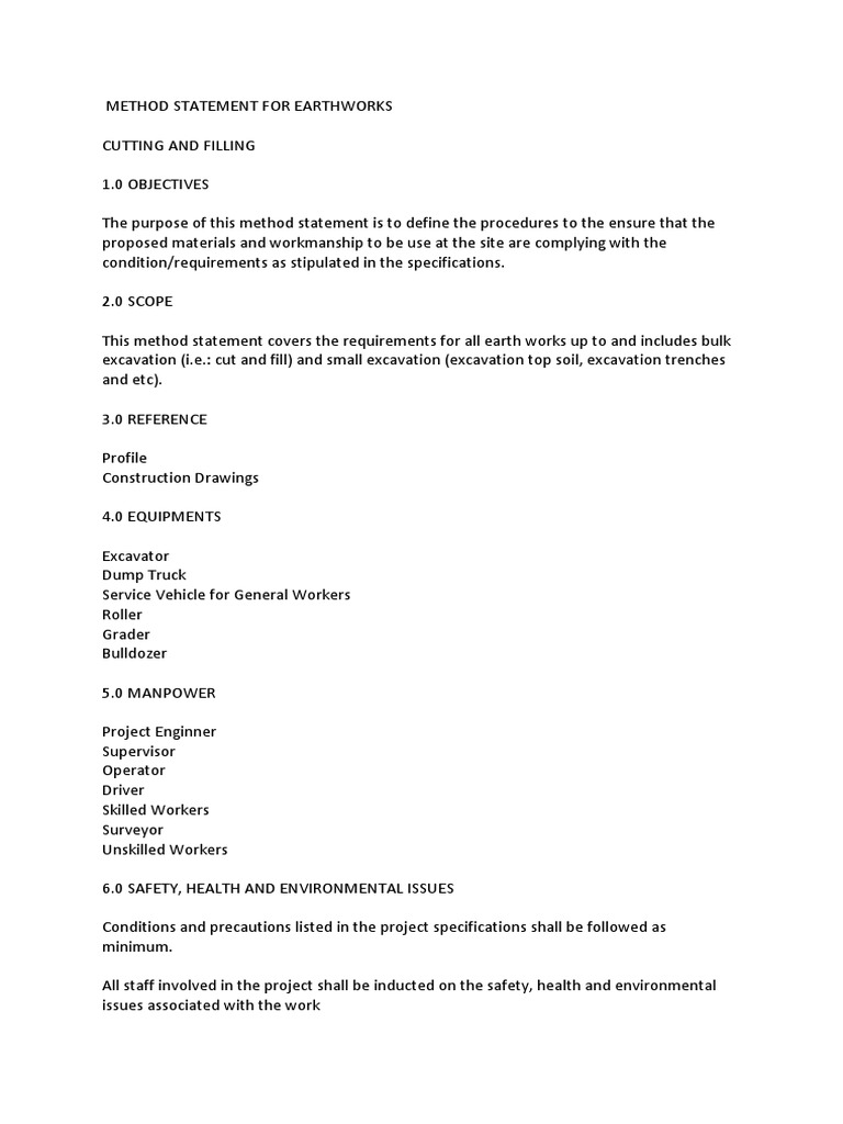 Method Statement For Earthworks | PDF | Excavation (Archaeology) | Surveying