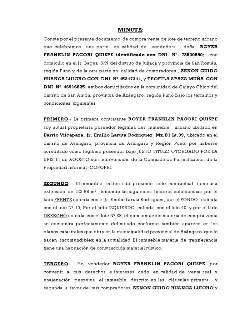 Minuta de Compra Venta Terreno Con Posesión | PDF | Gobierno | Justicia