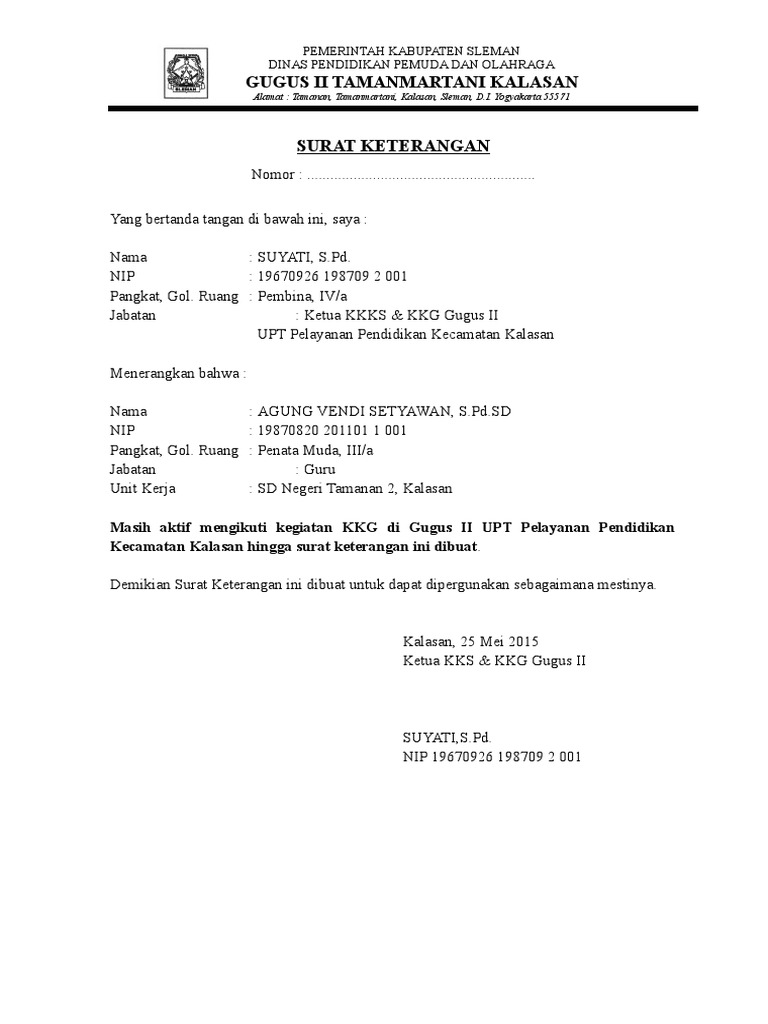 Surat Keterangan KKG 2014 Ketua KKG | PDF