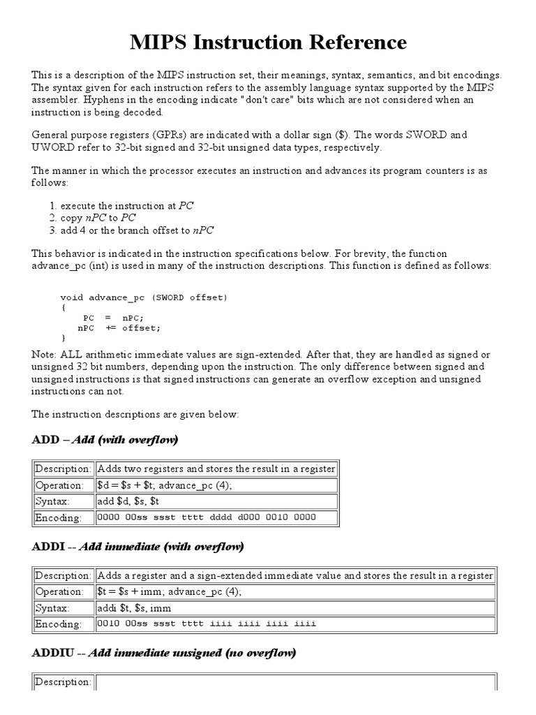 MIPS Instruction Set Reference Guide | PDF | Assembly Language | Subroutine