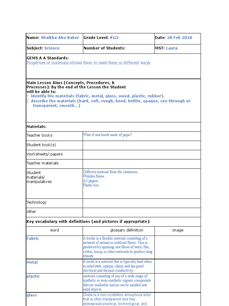 KG2 Science Lesson Plan on Materials | PDF | Paper | Glasses