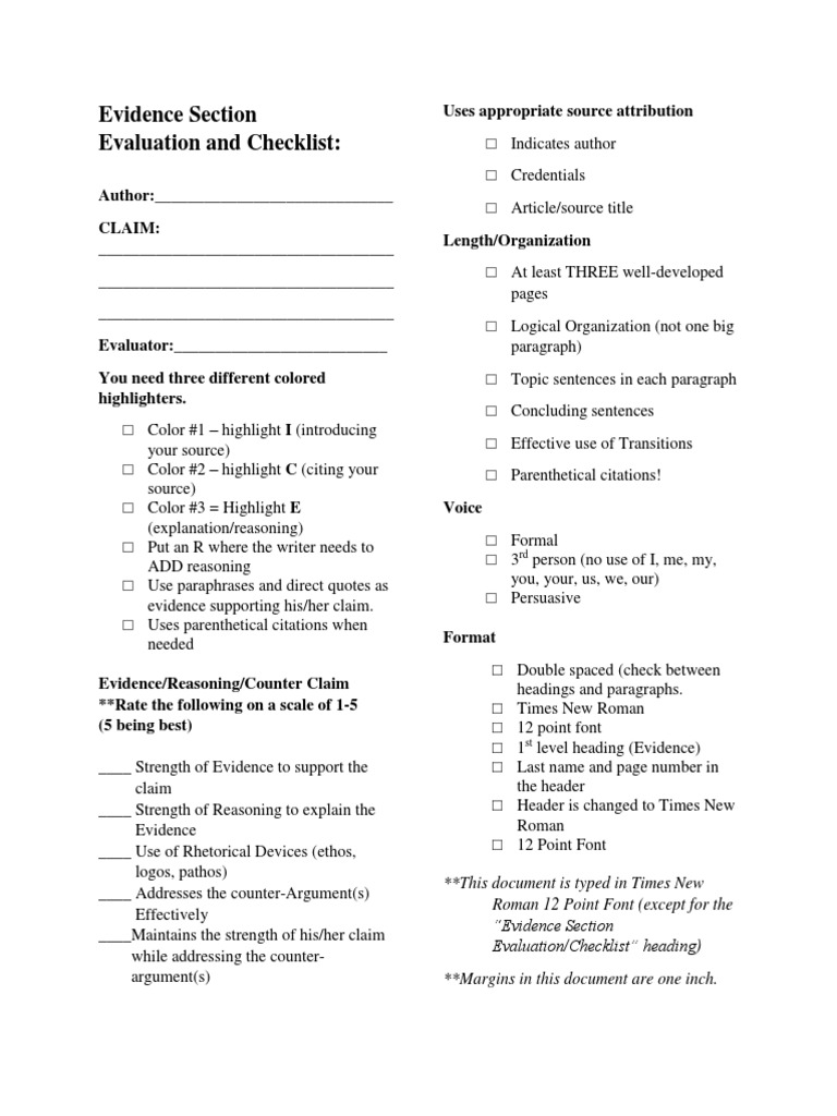 Evidence Section Evaluation and Checklist | PDF | Citation | Paragraph