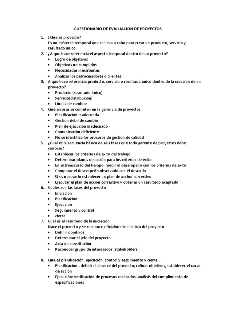 Cuestionario de Evaluación de Proyectos | PDF | Planificación | Presupuesto