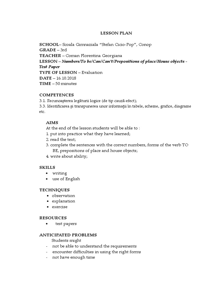 Lesson Plan Test A VIII-a | PDF | Lesson Plan | Teachers