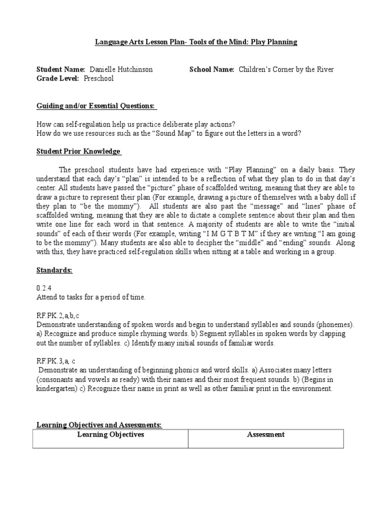 lesson plan tools of the mind play planning | Teachers | Writing