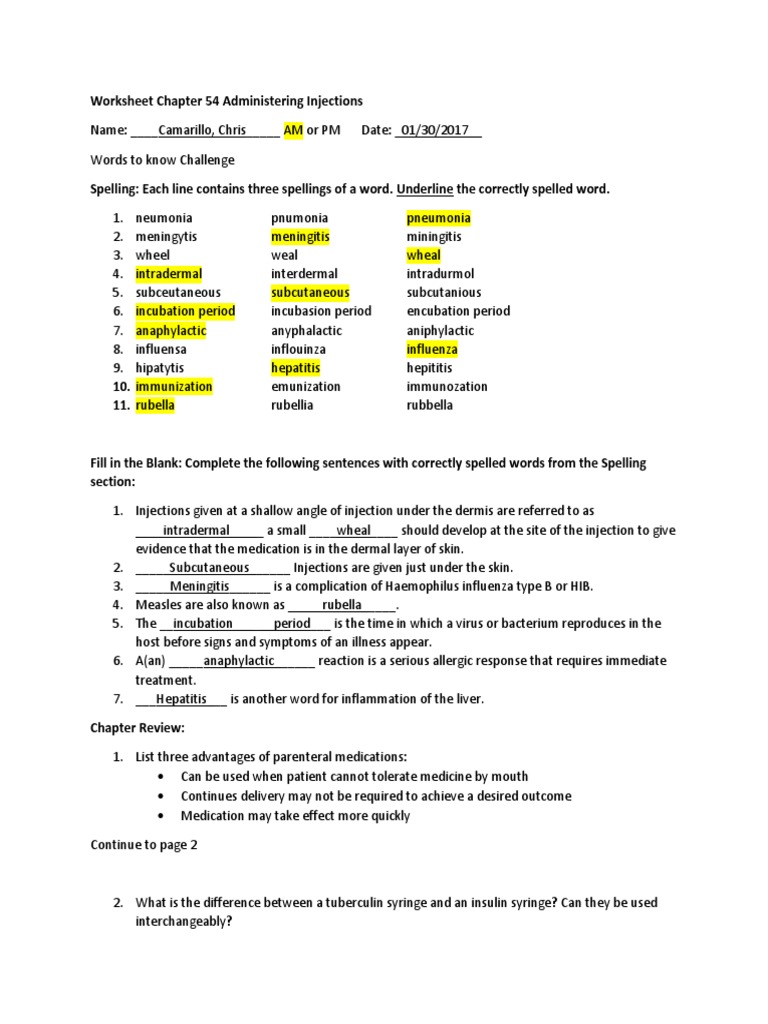 Chapter 54 Worksheet | PDF | Injection (Medicine) | Clinical Medicine