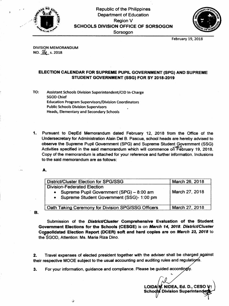 Div Memo No. 26 S 2018 Election Calendar For Supreme Pupil Government (SPG) and Supreme Student ...