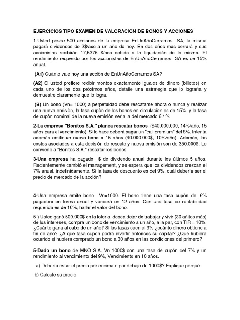 Ejercicios Tipo Examen de Valoracion de Bonos y Acciones | PDF | Compartir (Finanzas) | Inversiones