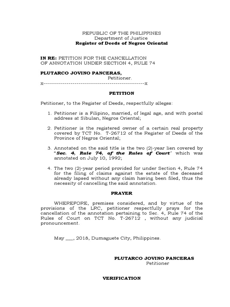 Petition Rule 74, Sec 4 | PDF | Government | Justice