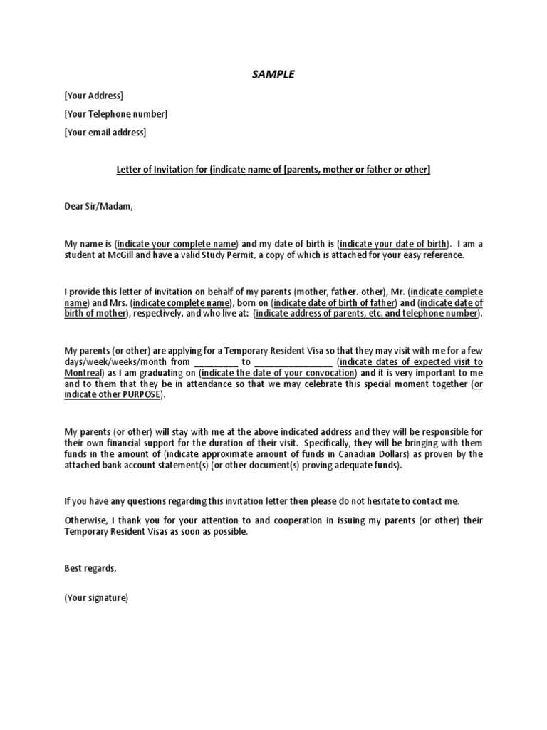 Sample: Letter of Invitation For (Indicate Name of (Parents, Mother or ...