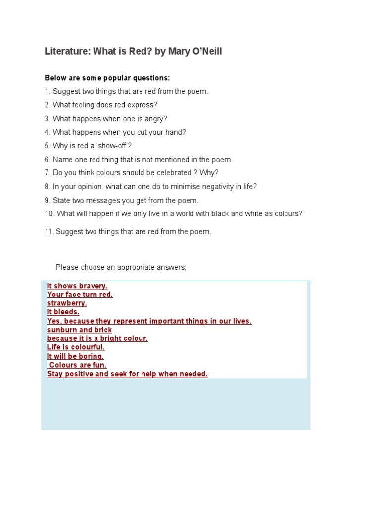 Form 2 Poem What Is Red? | PDF | Red | Psychological Concepts