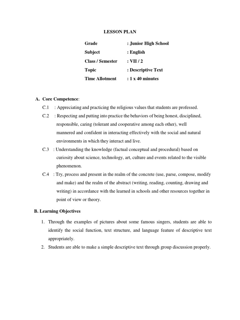 Lesson Plan Grade: Junior High School Subject: English Class / Semester ...