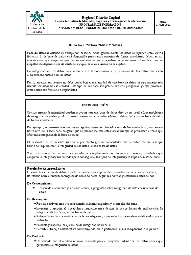 Guia Integridad Base de Datos | PDF | SQL | Bases de datos