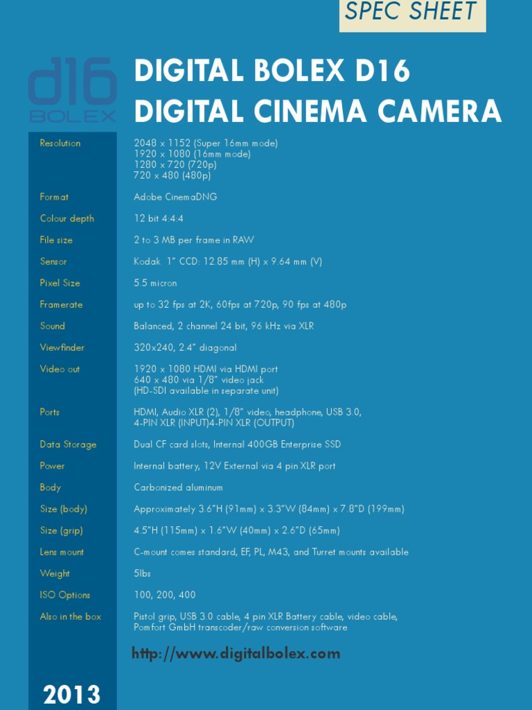 Spec Sheet for the Digital Bolex D16 Digital Cinema Camera - A High ...